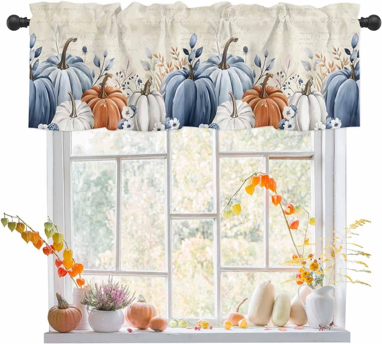 Fall Valance Curtains for Windows Pumpkin Orange Blue Thanksgiving ...
