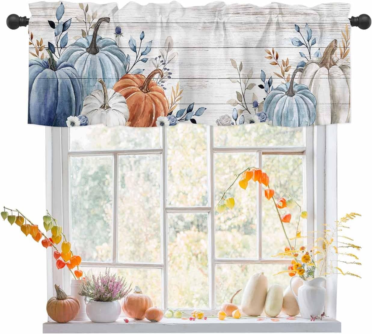Fall Valances for Window Blue Pumpkin Fall Kitchen Curtains Rod Pocket ...