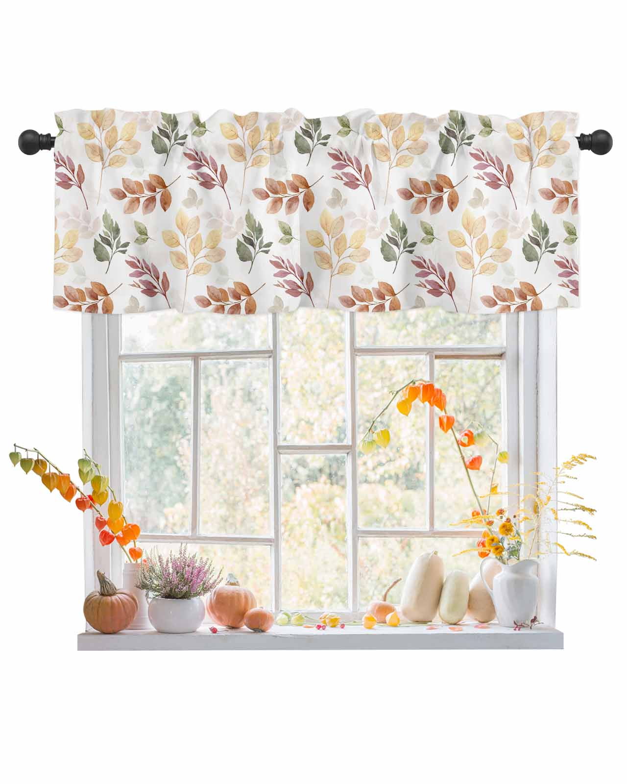 Fall Valances for Windows, Eucalyptus Leaves Pattern White Rod Pocket ...