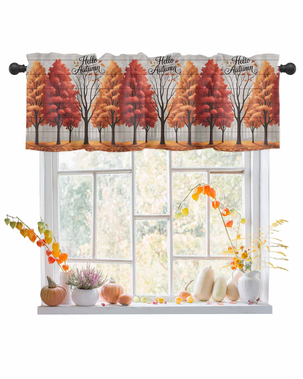 Fall Valances for Windows, Forest Hello Autumn Watercolor Trees Wood ...