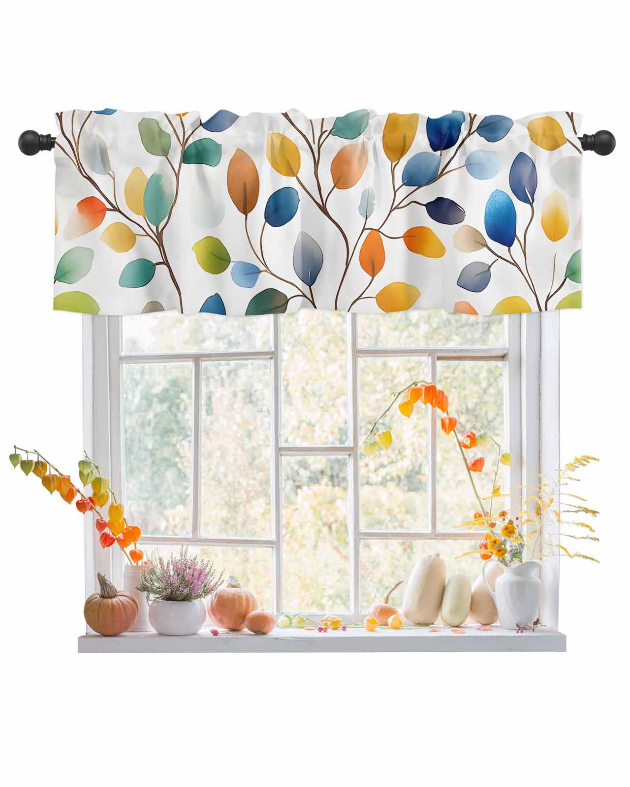 Fall Valances for Windows, Leaves Colorful Leaves Green And Yellow Leaf Rod Pocket Short Window ...