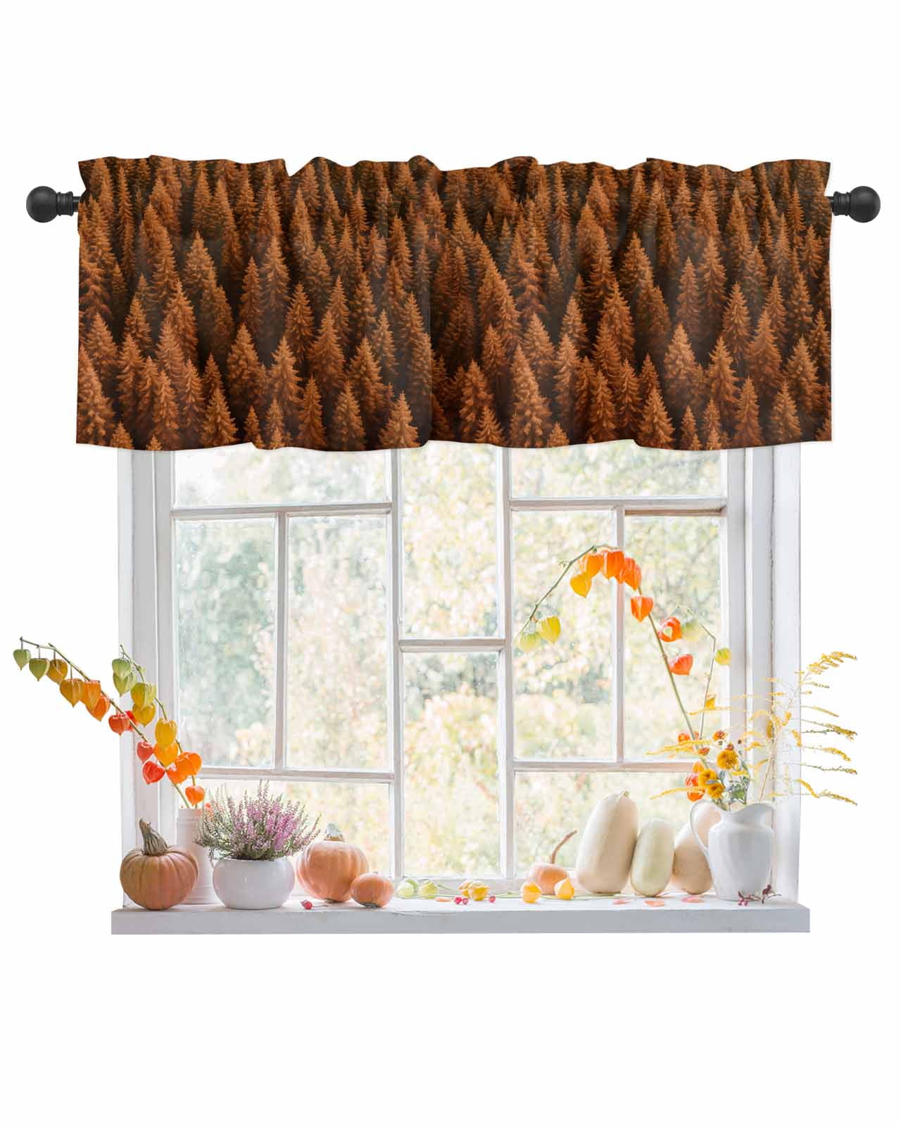 Fall Valances for Windows, Orange Pine Trees Forest Rod Pocket Short ...