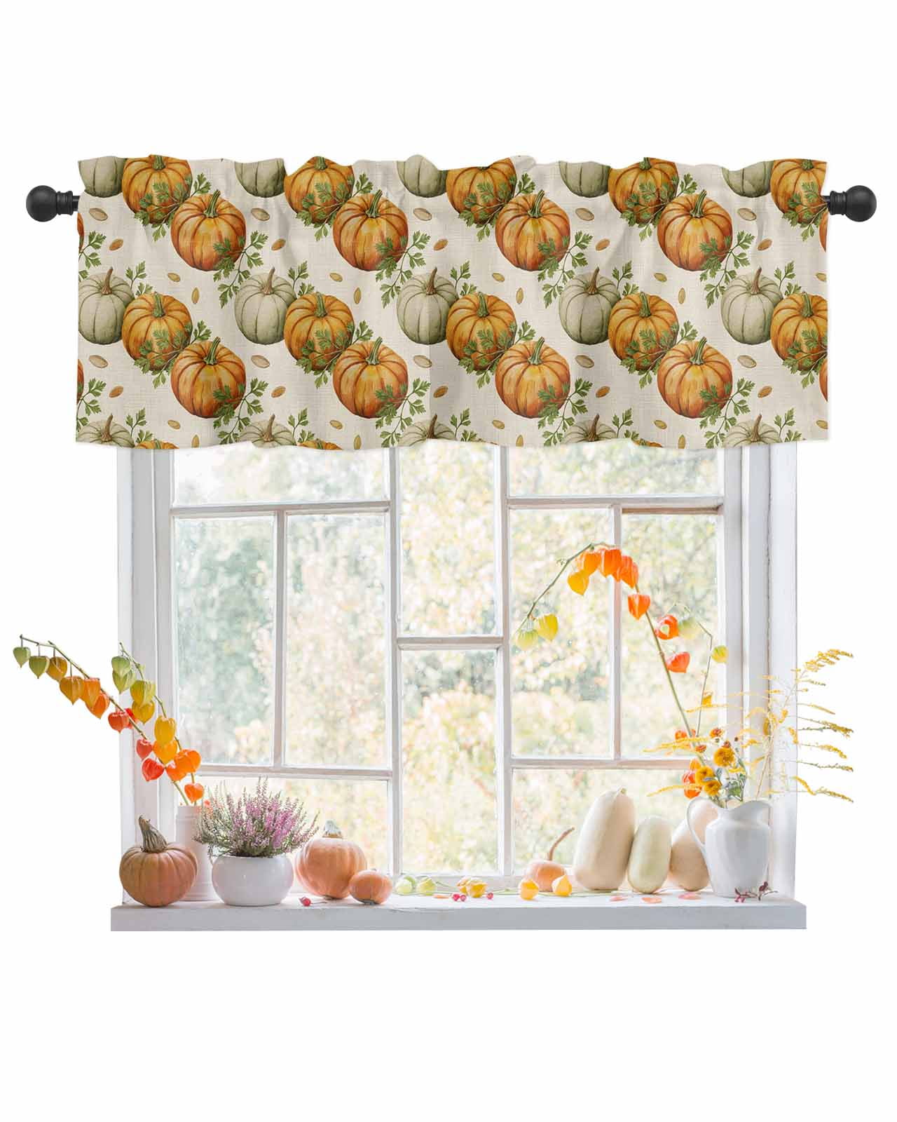 Fall Valances for Windows, Plant Vintage Pumpkin Leaf Linen Texture Rod ...