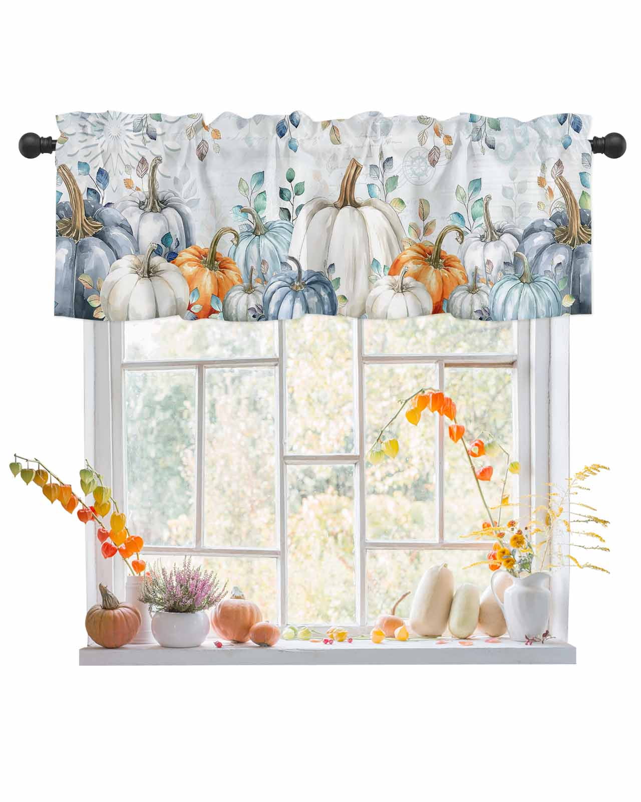 Fall Valances for Windows, Pumpkin Grass Green Eucalyptus Leaves Retro ...