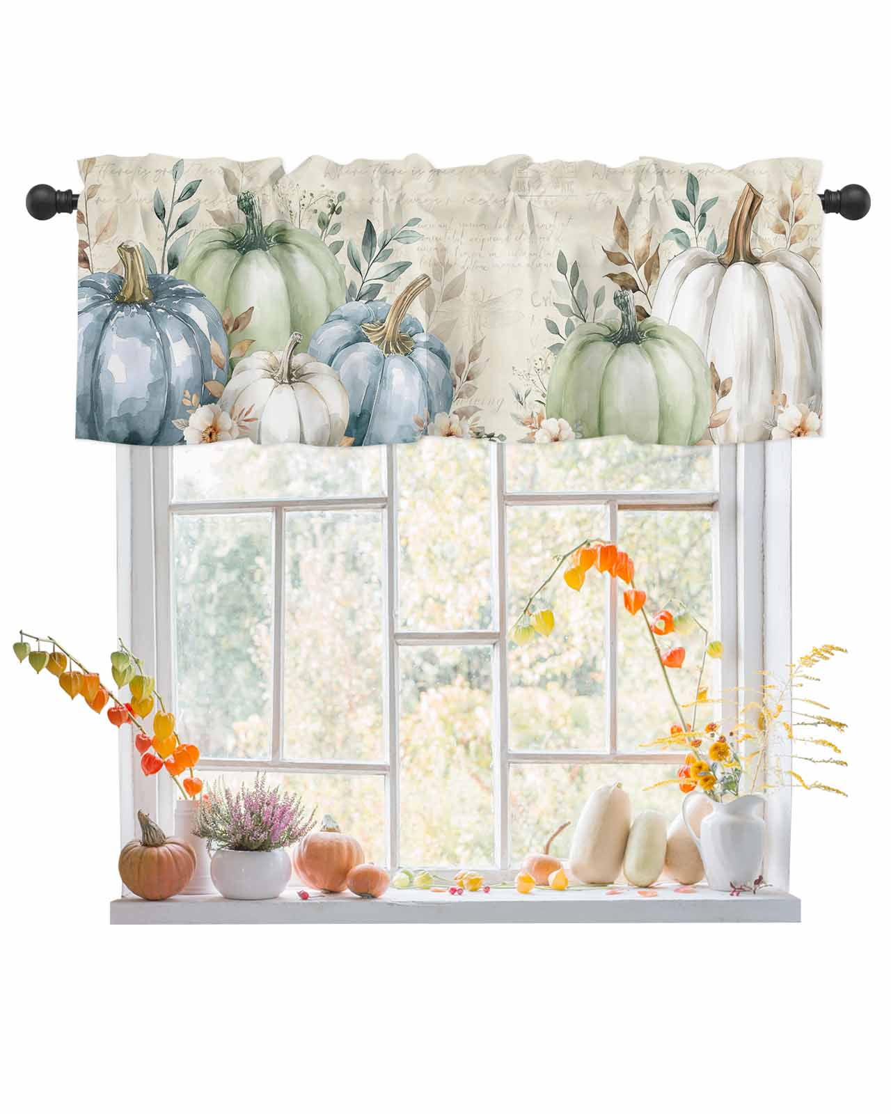 Fall Valances for Windows, Pumpkin Green Leaf Flowers Oil Painting ...