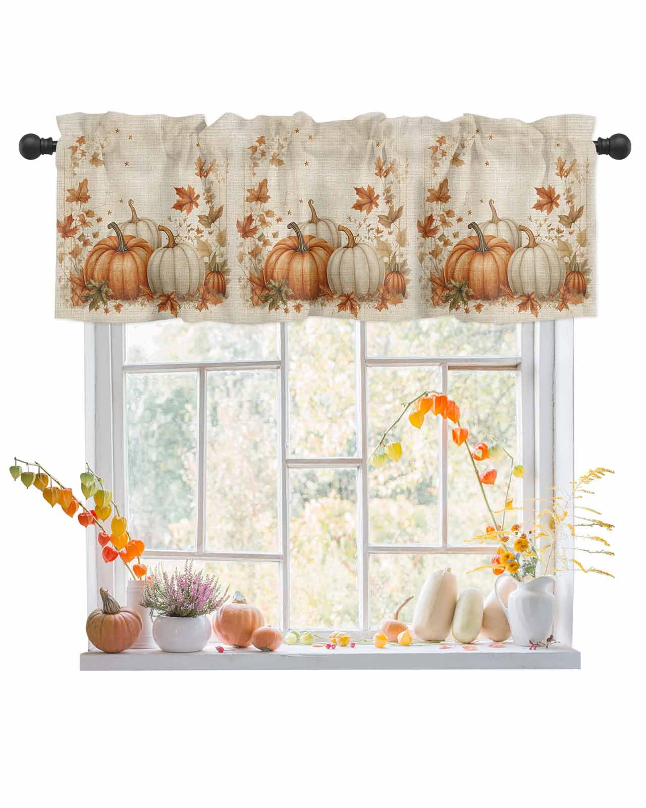 Fall Valances for Windows, Pumpkin Orange Maple Leaf Watercolor Linen ...