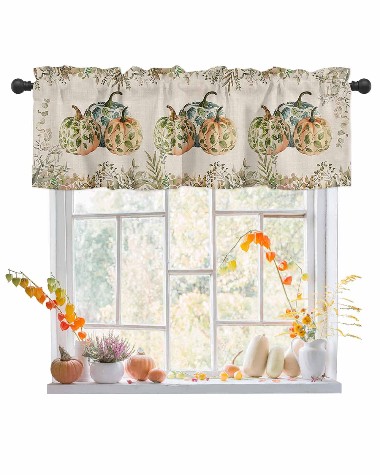 Fall Valances for Windows, Thanksgiving Pumpkin with Leaf Green ...