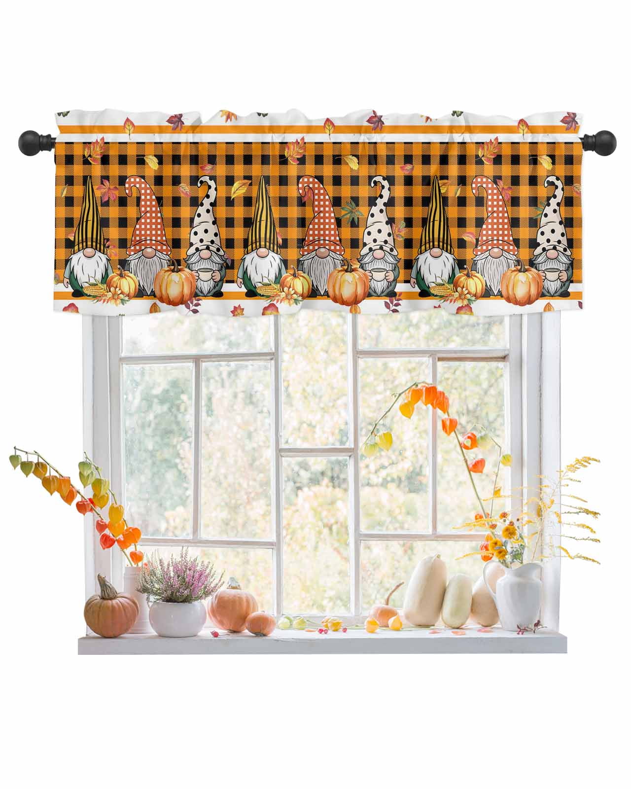 Fall Valances for Windows, Theme Retro Pumpkin Gnome Floral Plaid Rod ...
