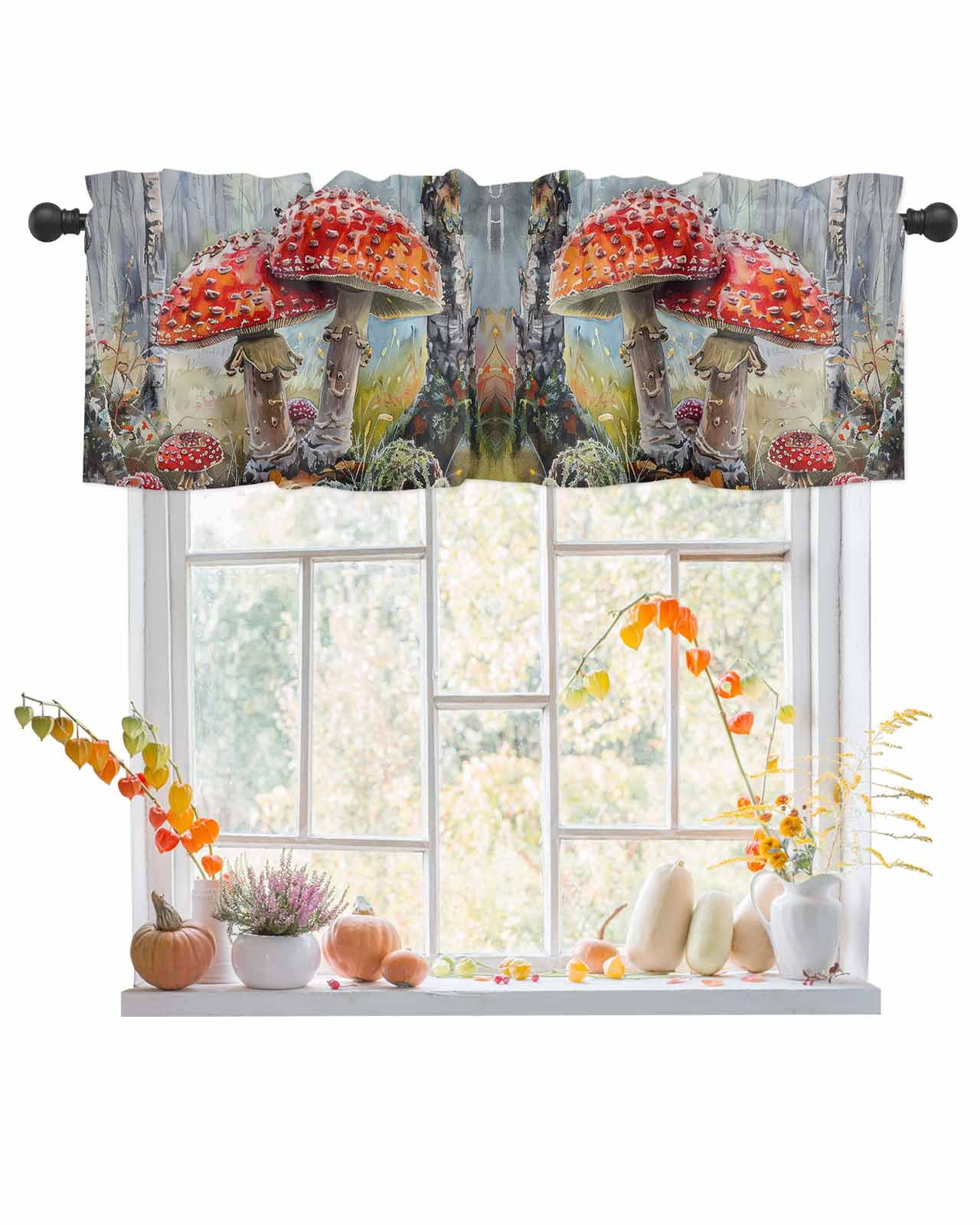 Fall Valances for Windows, Wood Mushrooms Retro Oil Painting Rod Pocket ...