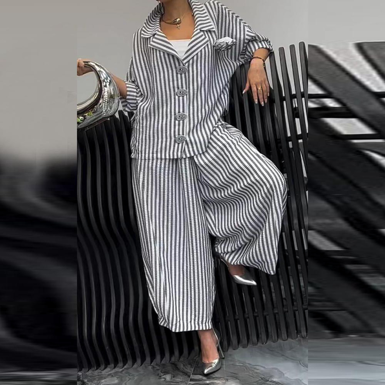 Fall Vibe Flower Striped Loose Suit Jacket Casual Suit Misses Pant ...