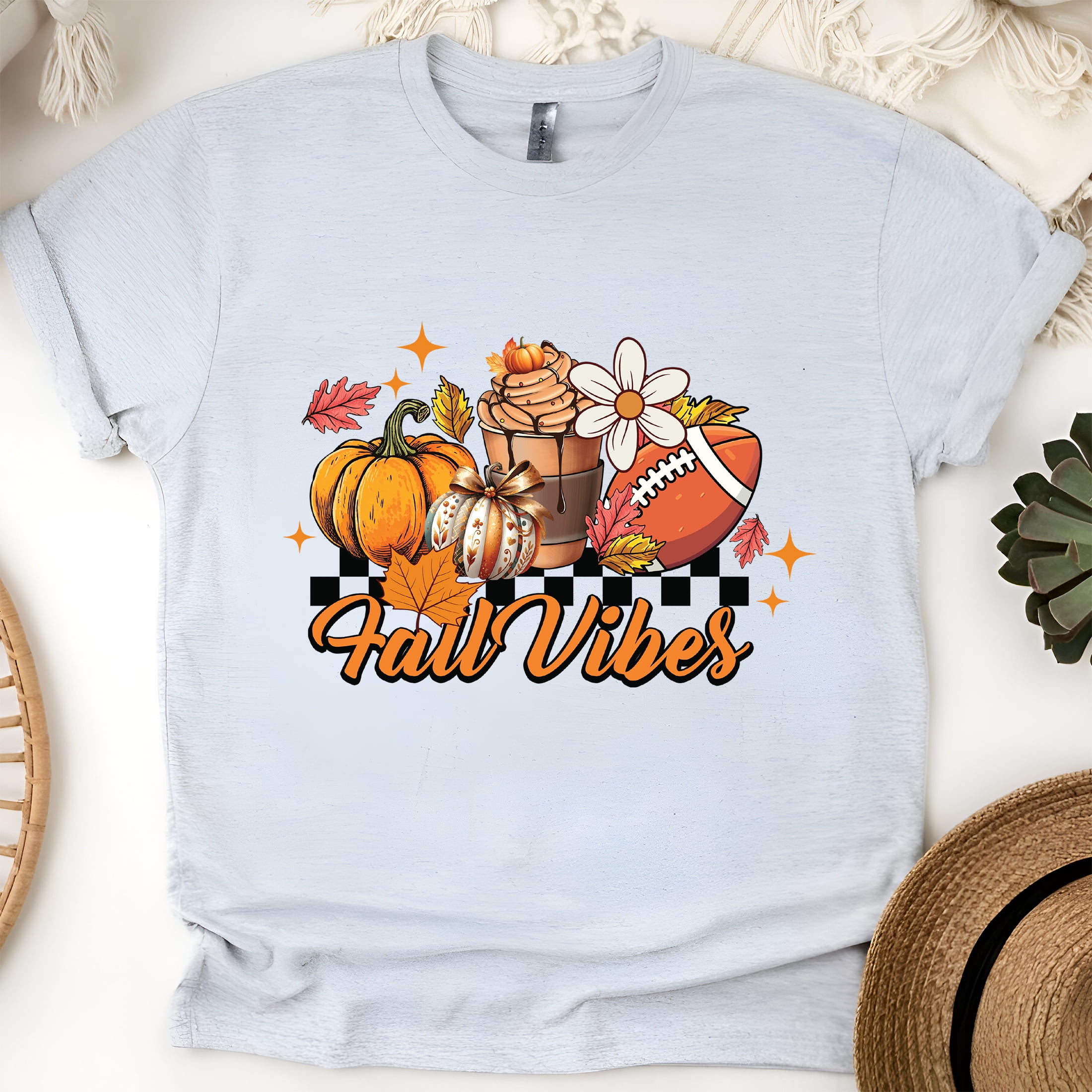 Fall Vibes Shirt Pumpkins Coffee Football Checkered Autumn Cozy Graphic ...