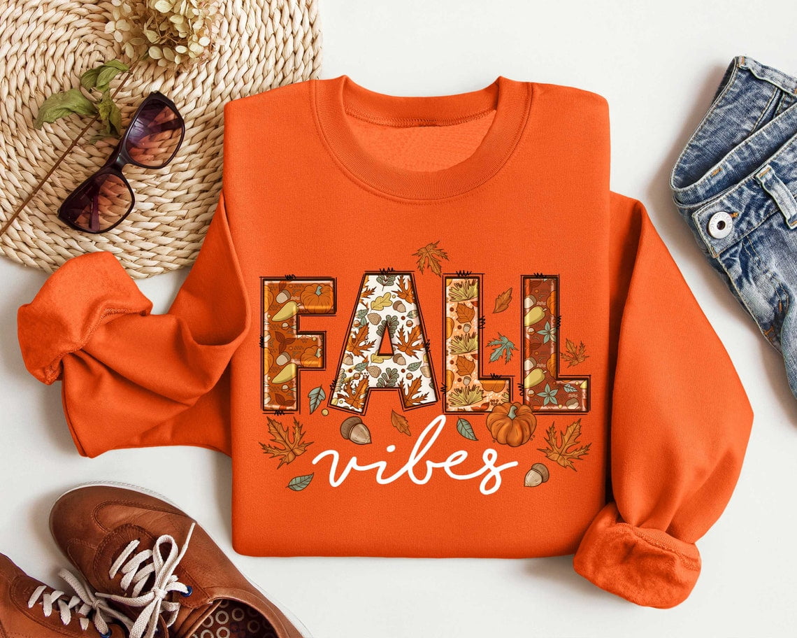 Fall Vibes Sweatshirt – Autumn Leaf & Pumpkin Graphic Pullover, Cozy ...