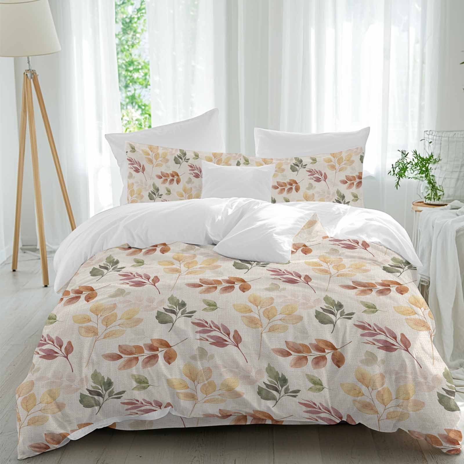 Fall Vintage Full Duvet Cover Set, Orange Yellow Eucalyptus Leaves ...