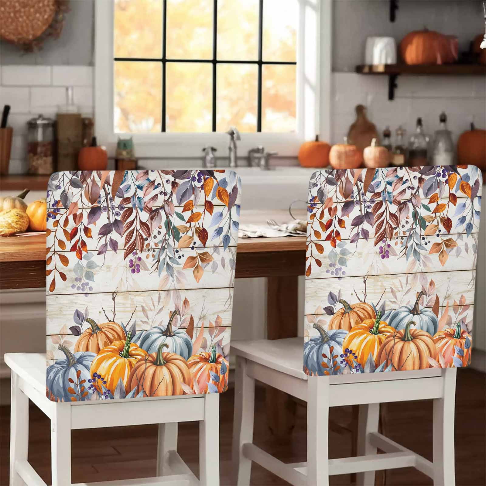 Fall Watercolor Chair Covers Set of 1 Pumpkin Eucalyptus Leaves ...