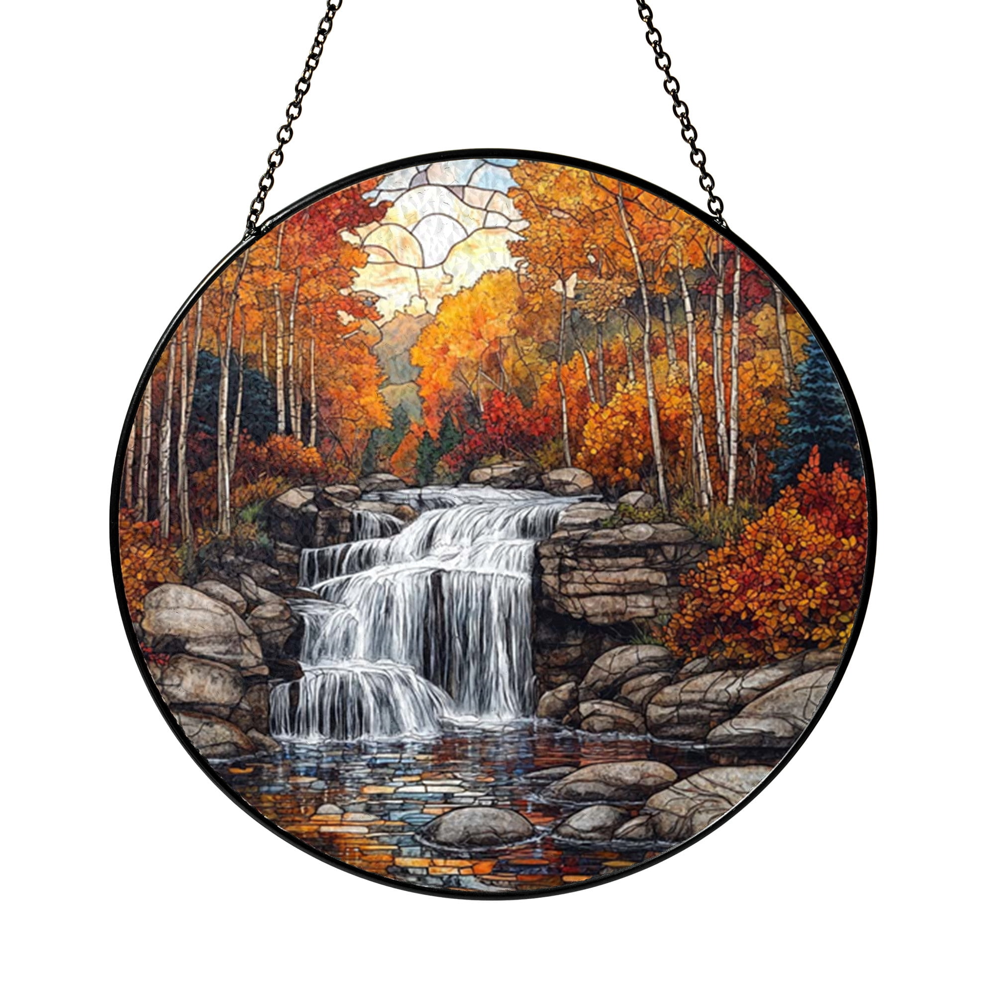 Fall Waterfall Landscape Stained Glass Style Suncatcher, Decorative ...