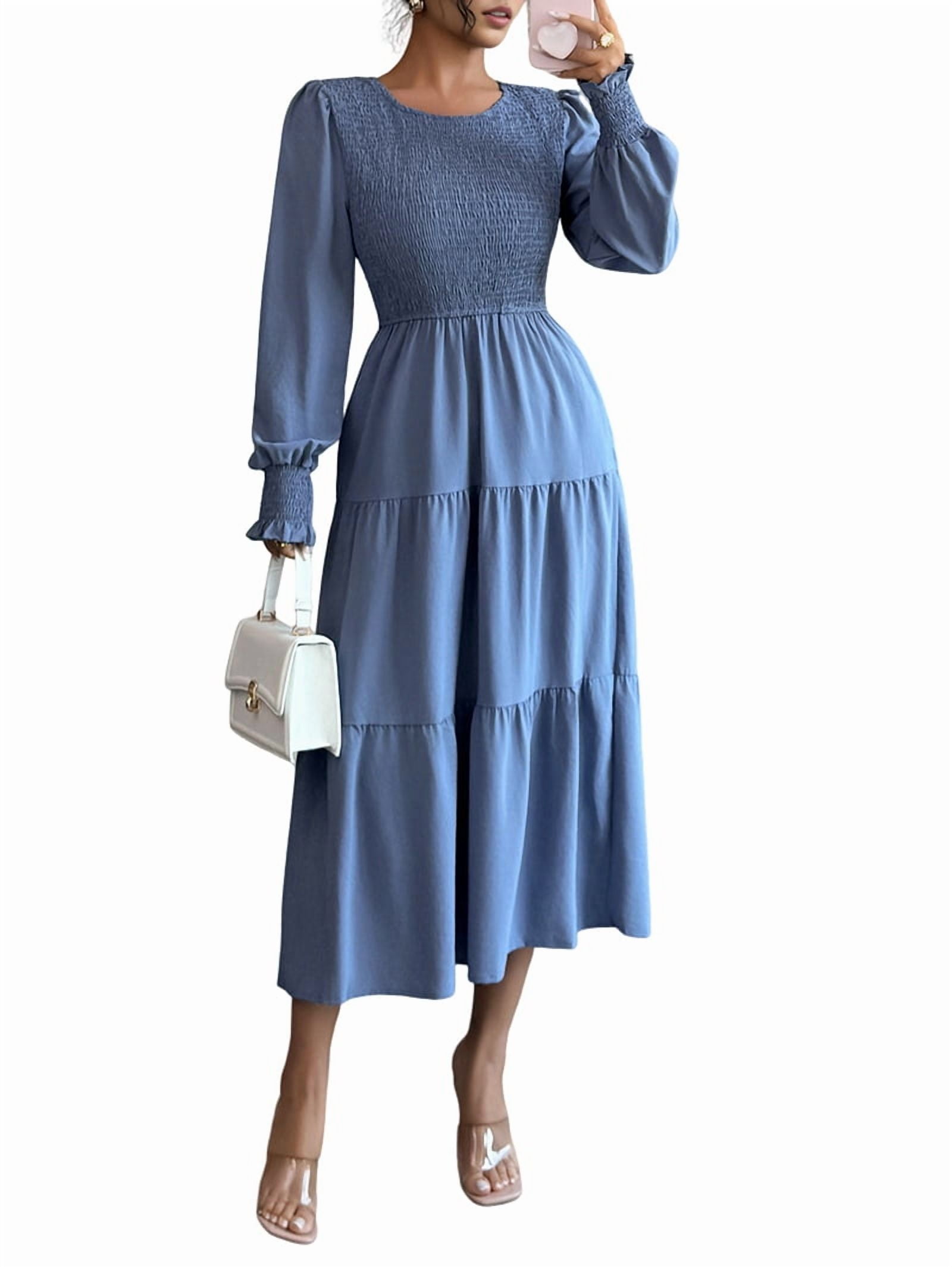 Fall Wedding Guest Dresses for Women Puff Long Sleeve Smocked Casual ...