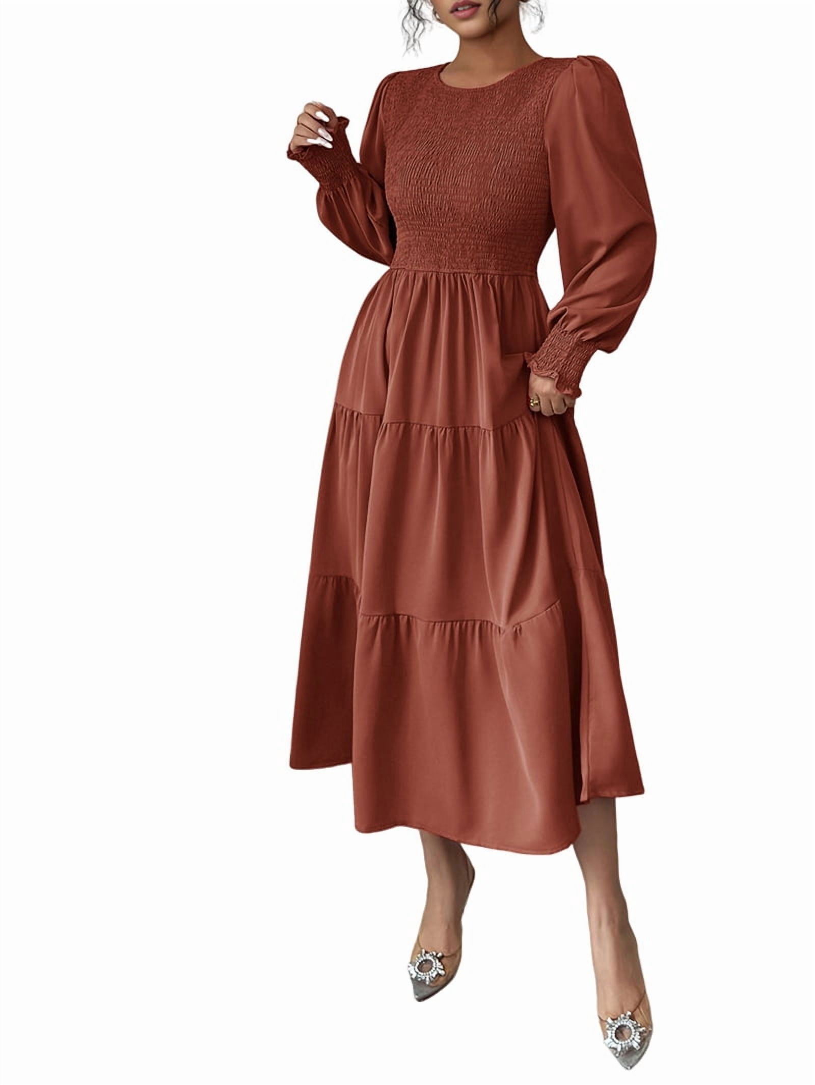 Fall Wedding Guest Dresses for Women Puff Long Sleeve Smocked Casual ...