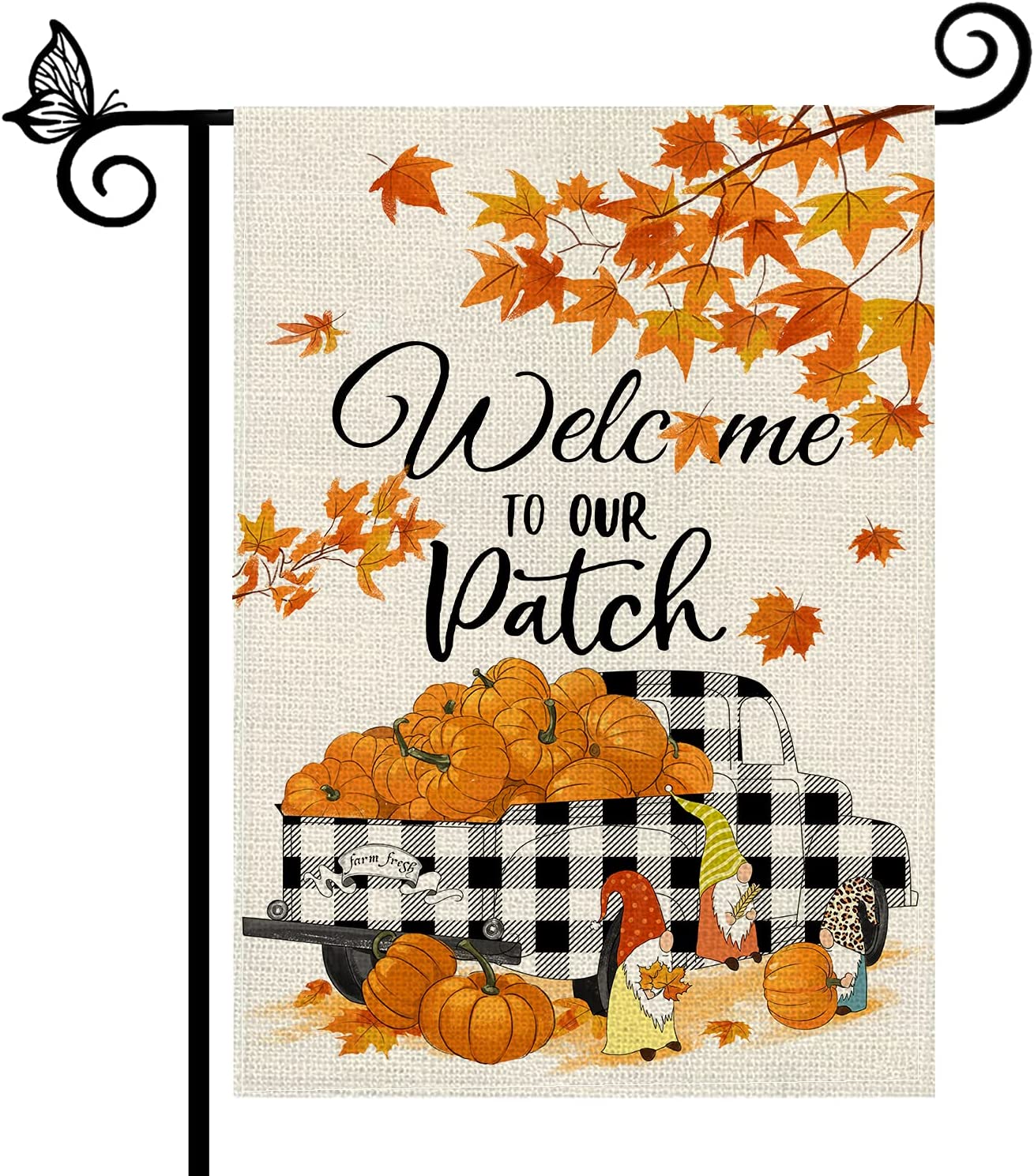 Fall Welcome Garden Flag Pumpkin Gnome Buffalo Plaid Truck flags ...