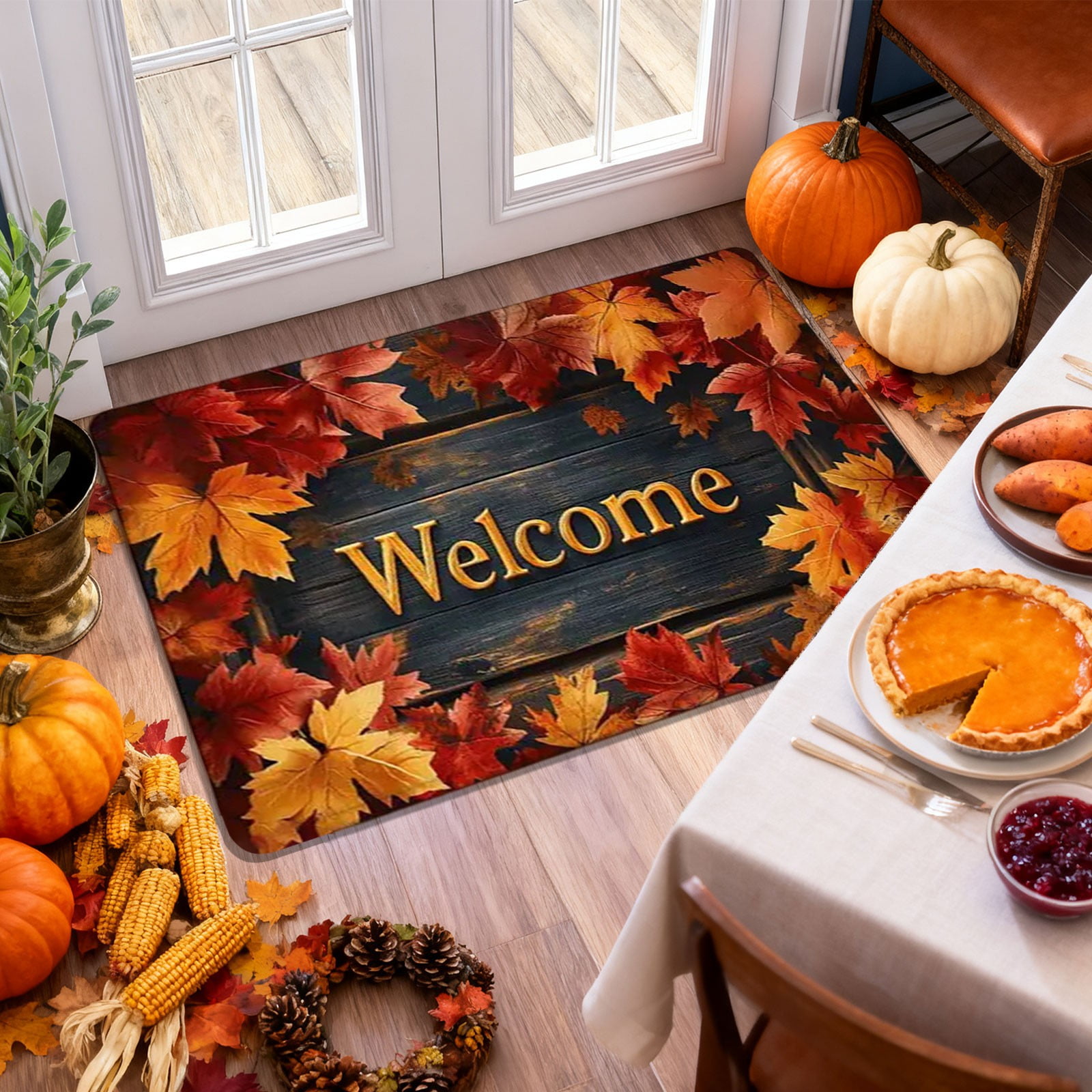 Fall Welcome Maple Leaves Decorative Doormat,Fall Pumpkins Maple Leafs ...