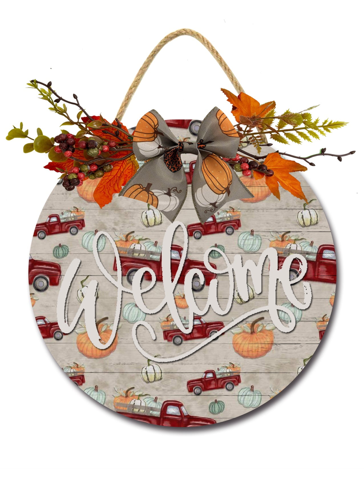 Fall Welome Sign Front for Door Decoration, 11 in Round Wood Wreaths ...
