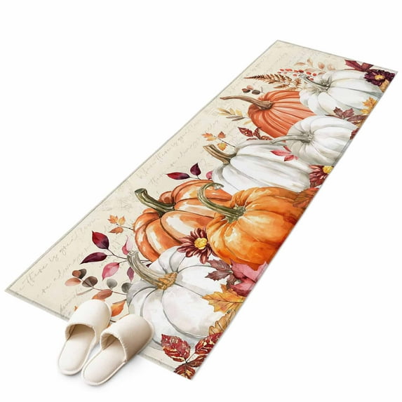Fall White Pumpkin 2'x6' Runner Rug, Thanksgiving Orange Leaves Country ...
