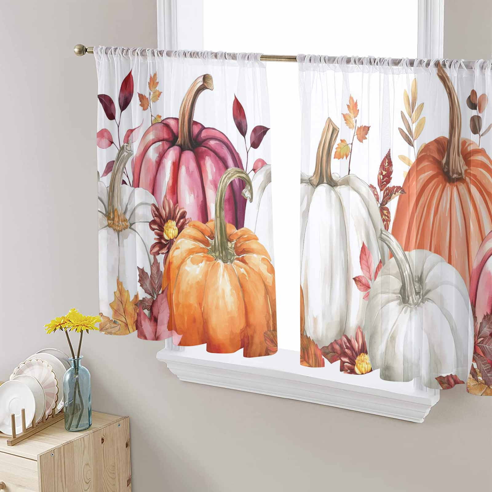 Fall White Pumpkin Sheer Curtains 54 Inches Length 2 Panels Set, Window ...