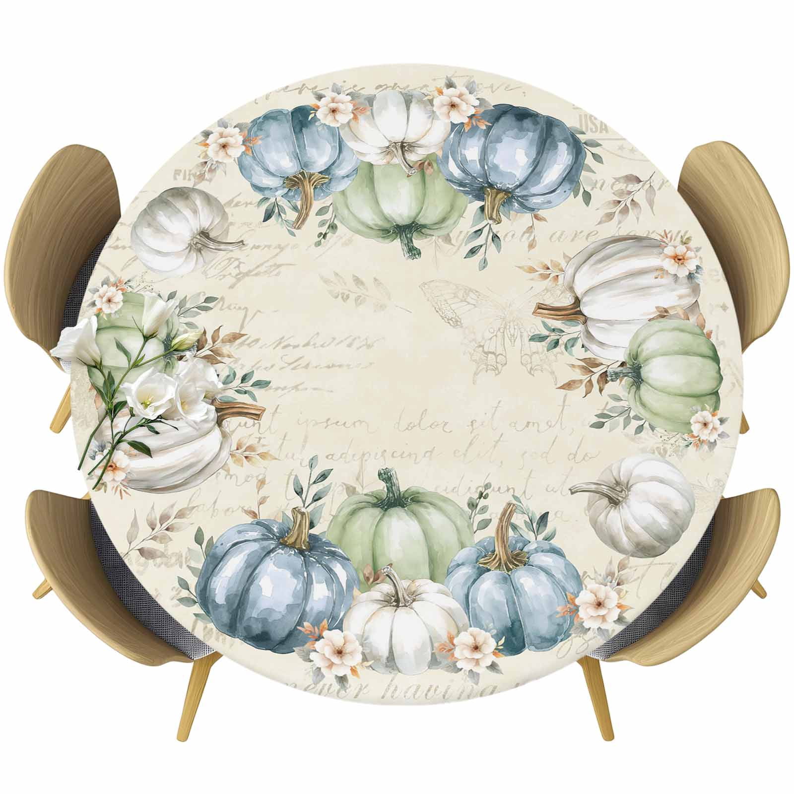 Fall White Pumpkins Round Tablecloth, Fitted Table Cover with Elastic ...