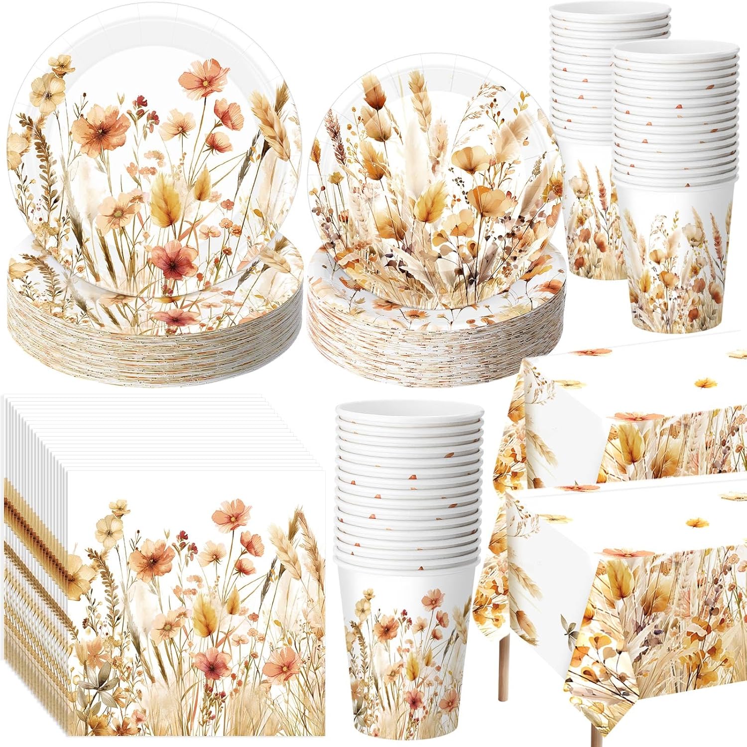 Fall Wildflower Party Decoration Supplies Brown Floral Paper Plates ...