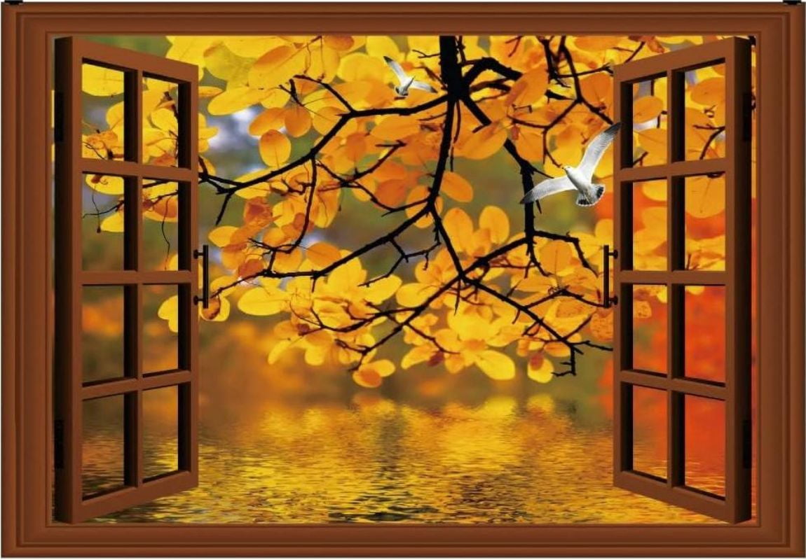 Fall Window Backdrop ration Nature Scenery Peace Bird Wooden Maple Leaf ...