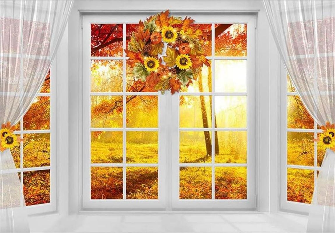 Fall Window Backdrop ration Nature Scenery Peace Bird Wooden Maple Leaf ...