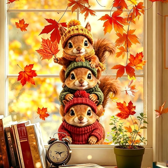 Fall Window Clings, Cute Stacked Squirrels Window Sticker, Self ...