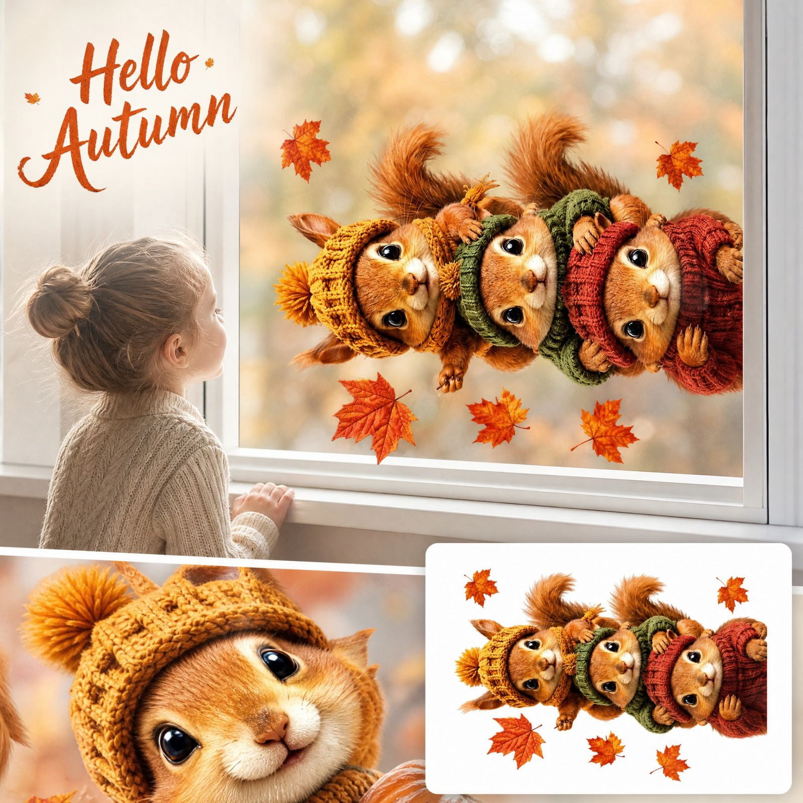 Fall Window Clings, Squirrel and Maple Leaf Window Stickers, Self ...