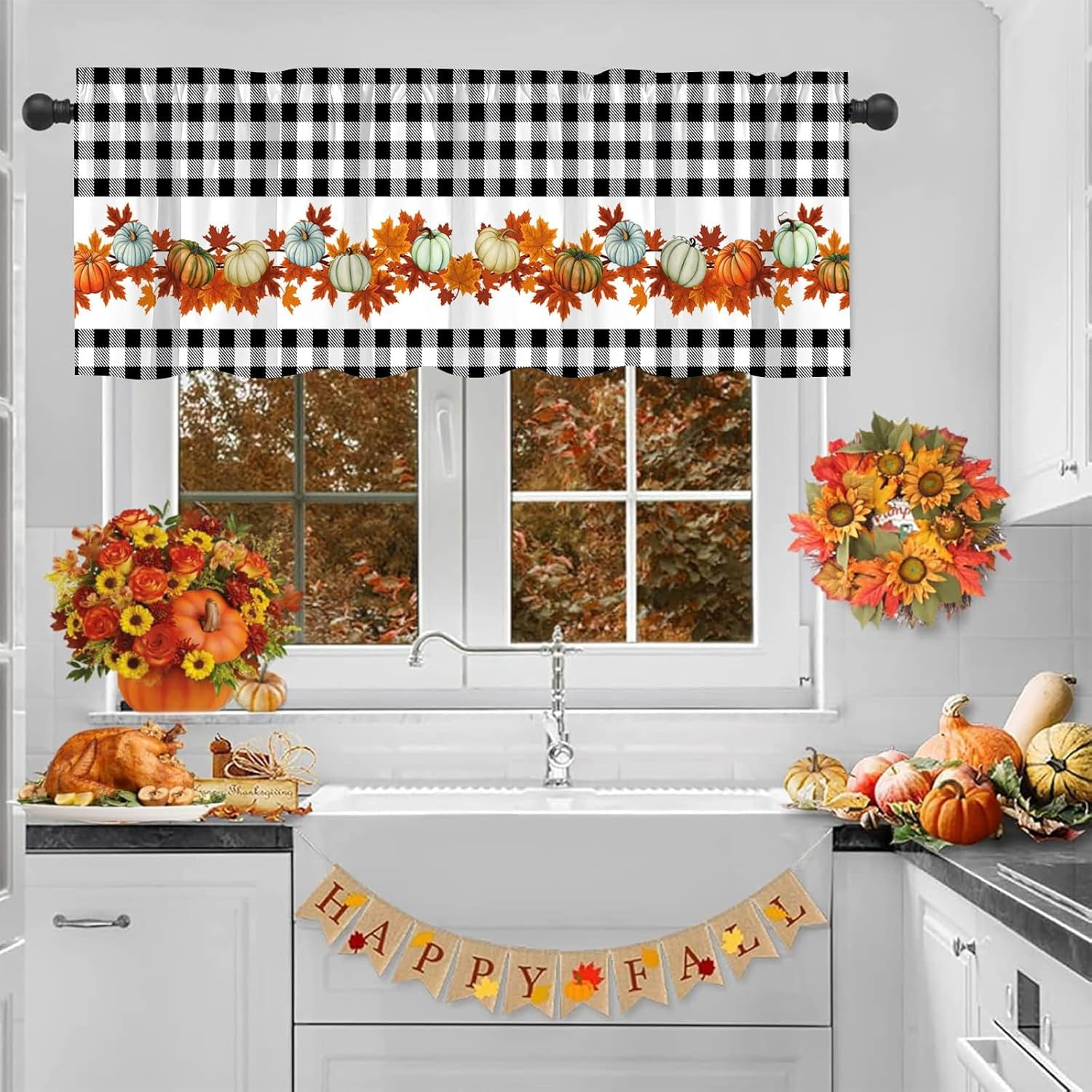 Fall Window Valances for Kitchen Thanksgiving Maple Leaves Valance ...