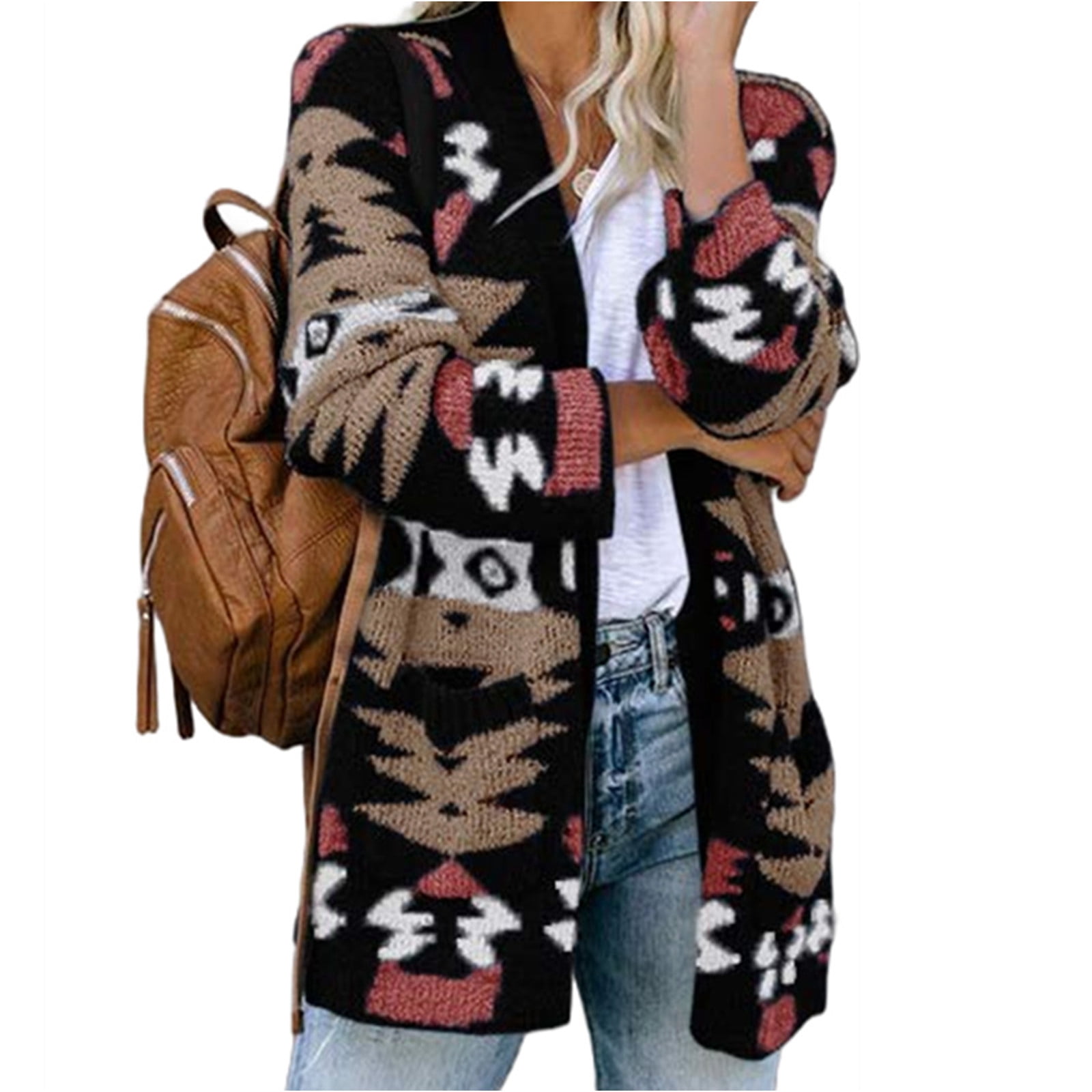 Fall Winter Aztec Print Women V-neck Casual Loose Open Front Cardigan ...