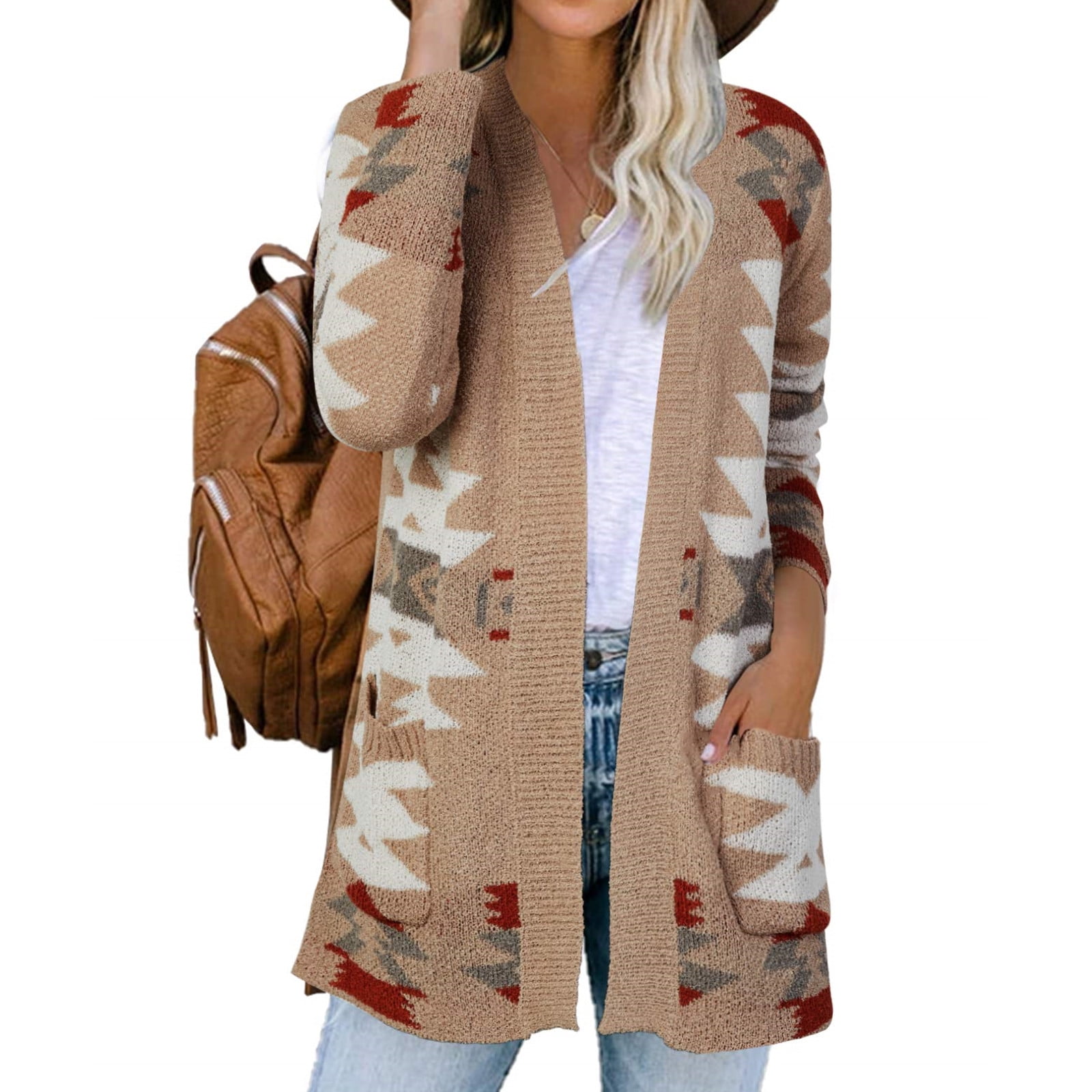 Fall Winter Aztec Print Women V-neck Casual Loose Open Front Cardigan ...