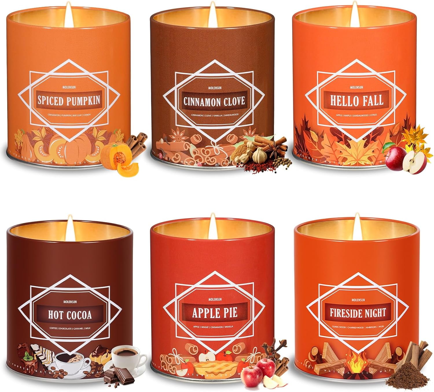 Fall & Winter Candles Gift Set – 54oz (6×9oz) Soy Candles with Seasonal Scents: Cinnamon Clove ...