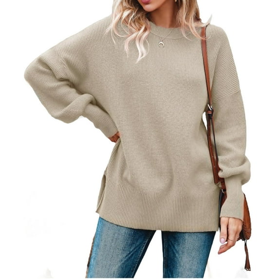 Fall Winter Crewneck Women Casual Knit Sweater Ribbed Side Slit Loose ...