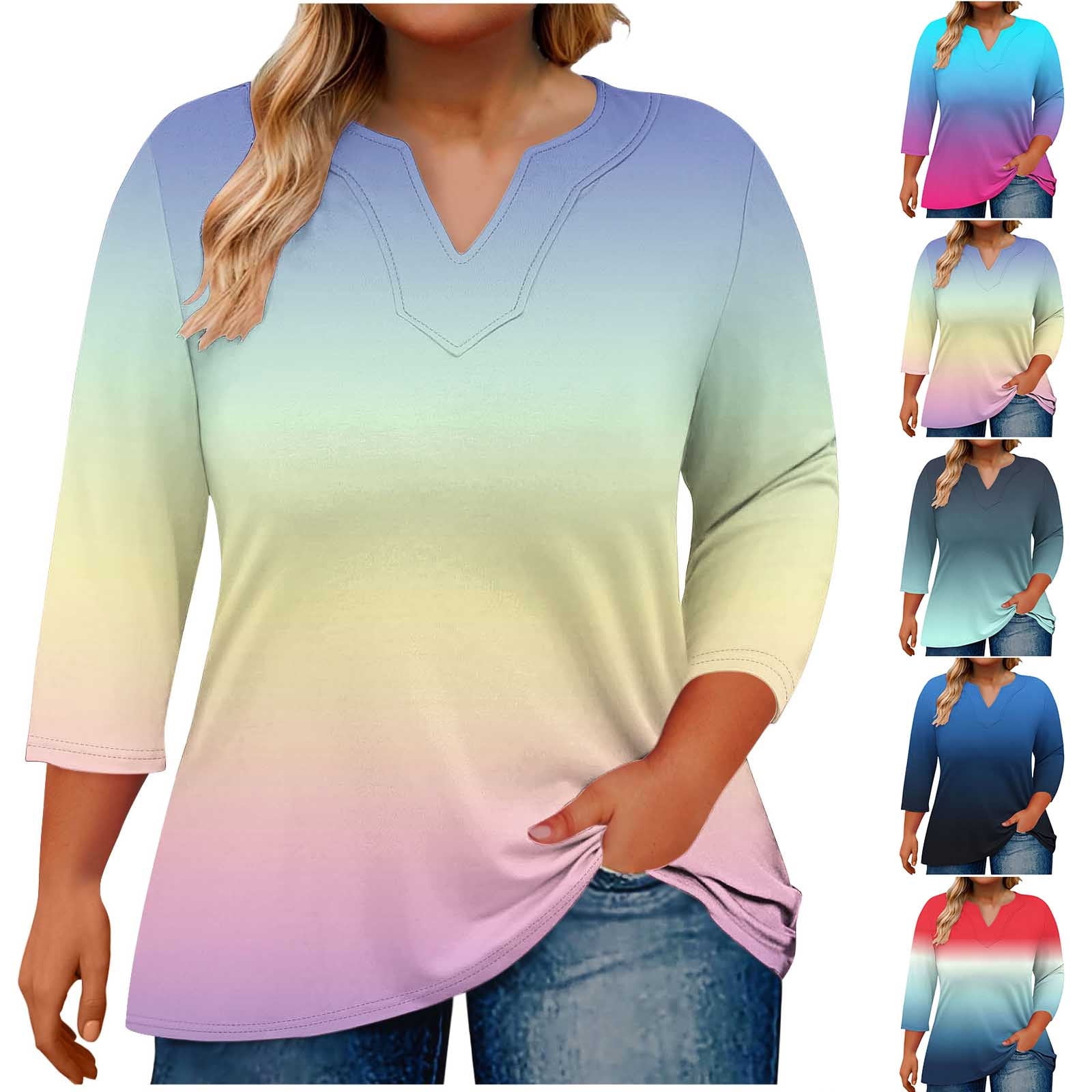 Fall Winter Savings!Ahuyuic Womens Blouse Solid Color V Neck 3/4 Sleeve ...