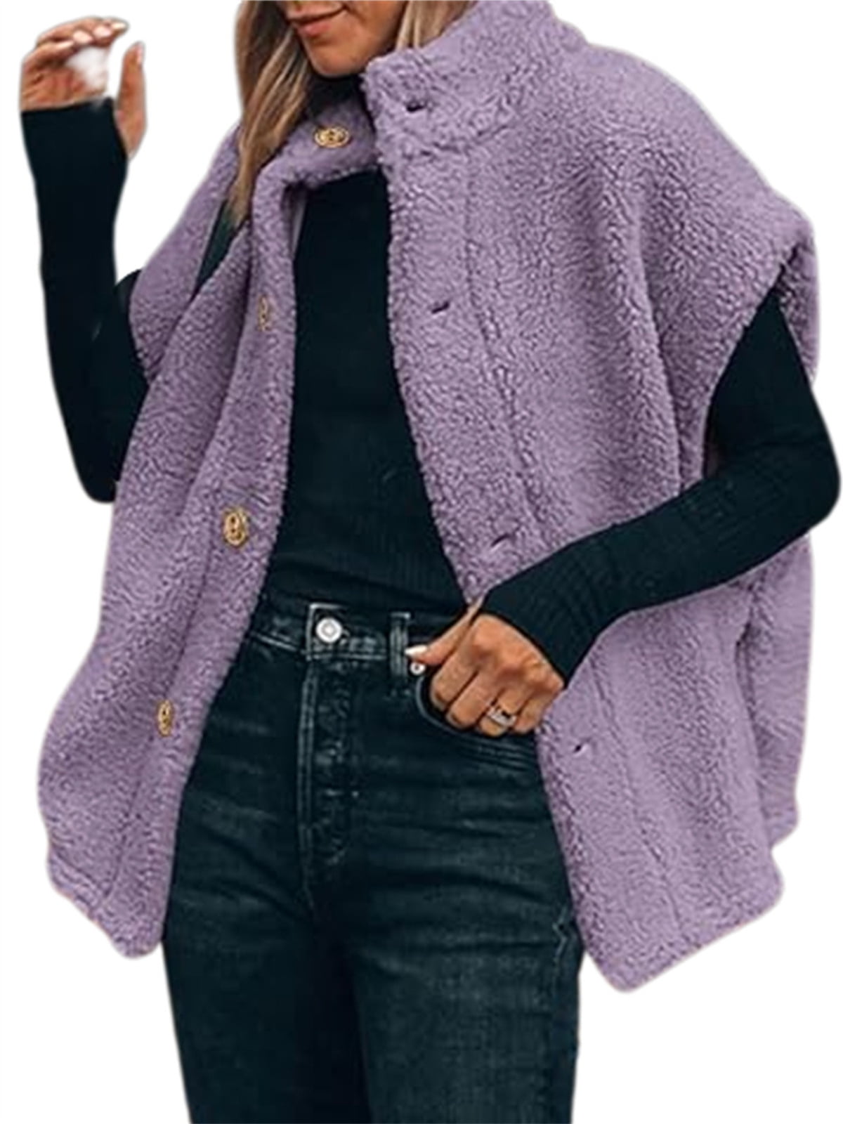 Fall Winter Women Casual Loose Fleece Vest Oversize Button-up Sherpa ...