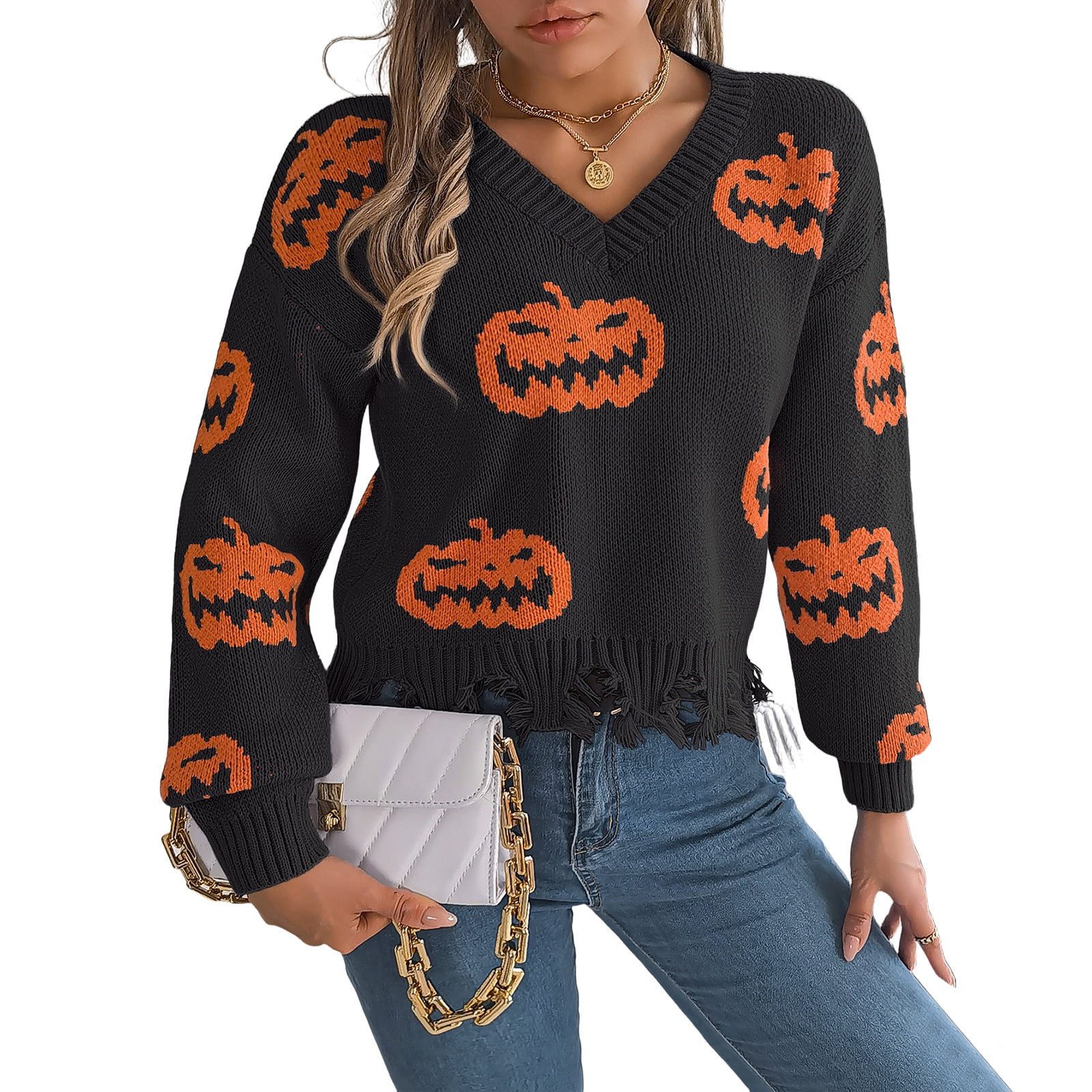 Fall Winter Women's Halloween Contrast Color Pumpkin Printed Cut V-Neck ...