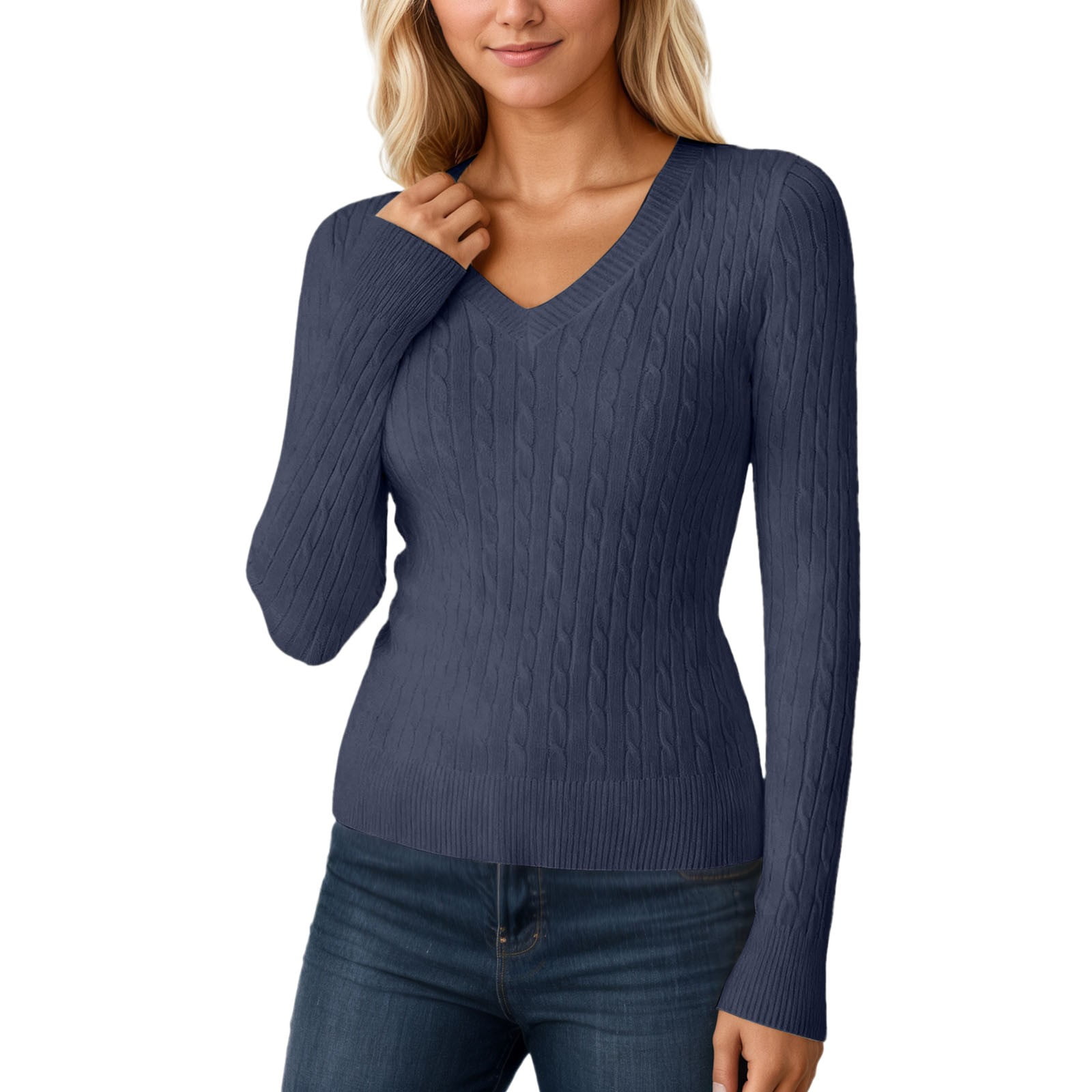 Fall Womens Sweater Cable Knitted Long Sleeve V Neck Slim Fit Trendy ...