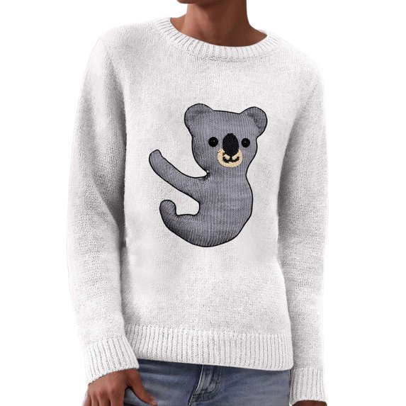 Fall Womens Sweater Cute Cartoon Bear Graphic Knitted Long Sleeve Crew ...
