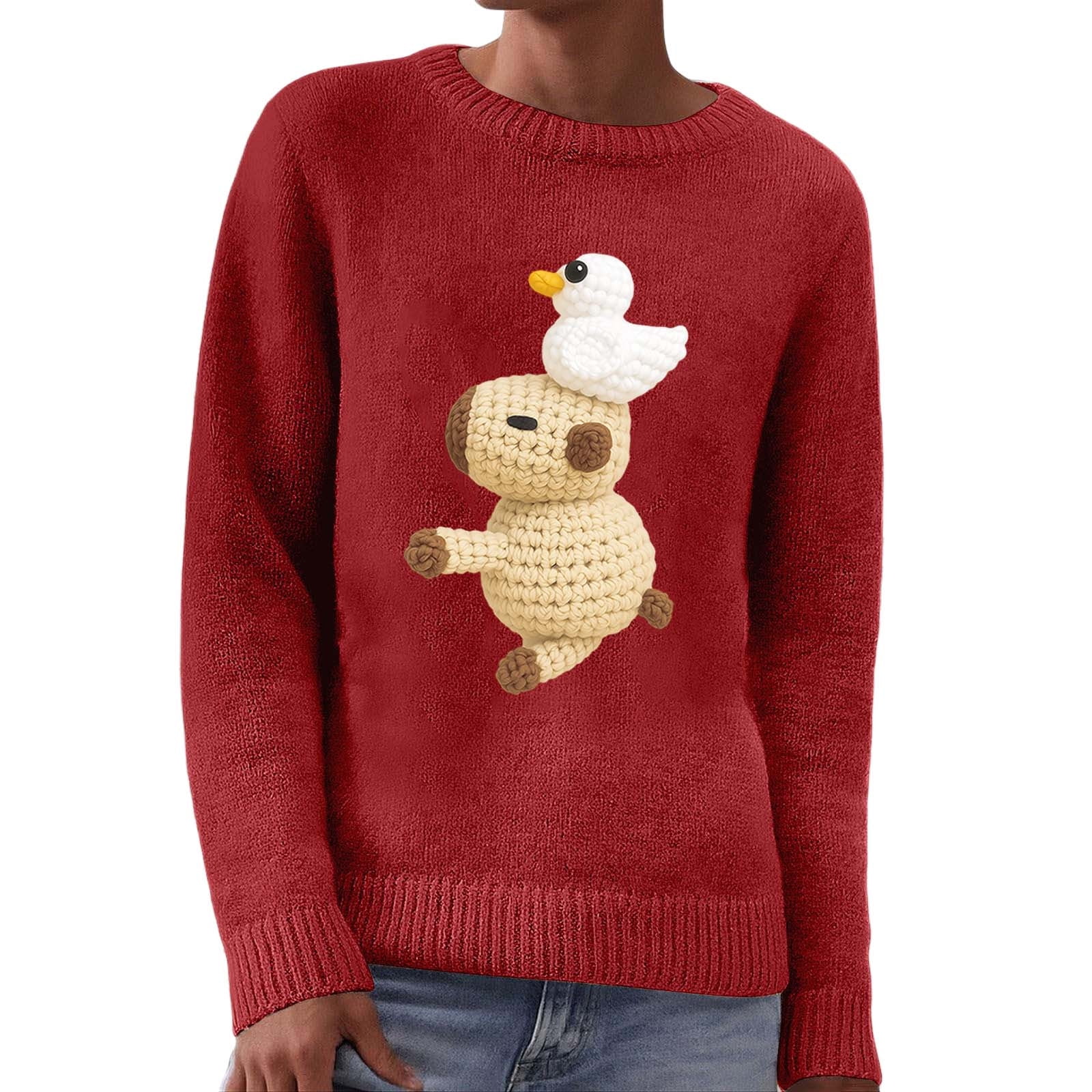 Fall Womens Sweater Long Sleeve Crew Neck Cartoon Graphic Chunky Knit ...