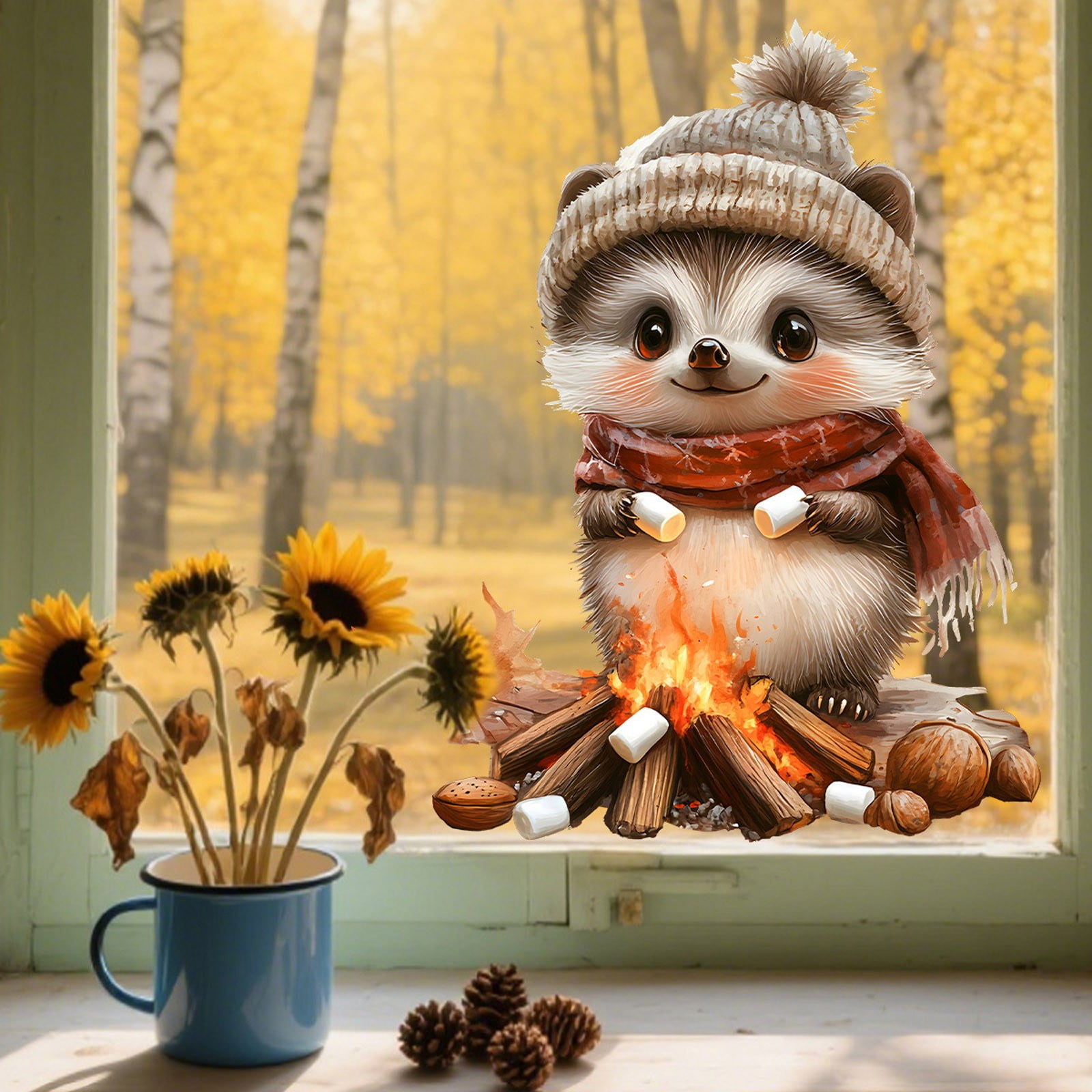 Fall Woodland Animals Window Clings - Hedgehogs Glass Sticker Decal ...