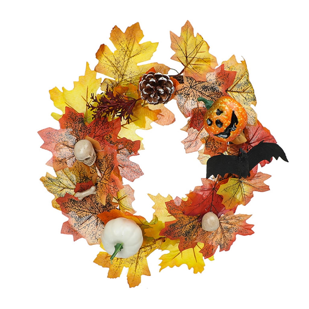 Fall Wreath 14'' Maple Leaf Skull Thanksgiving Wreath for Front Door ...