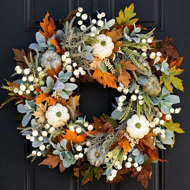 18 Inch Fall Harvest Leaves Wreath for Front Door with Maple Leaf ...