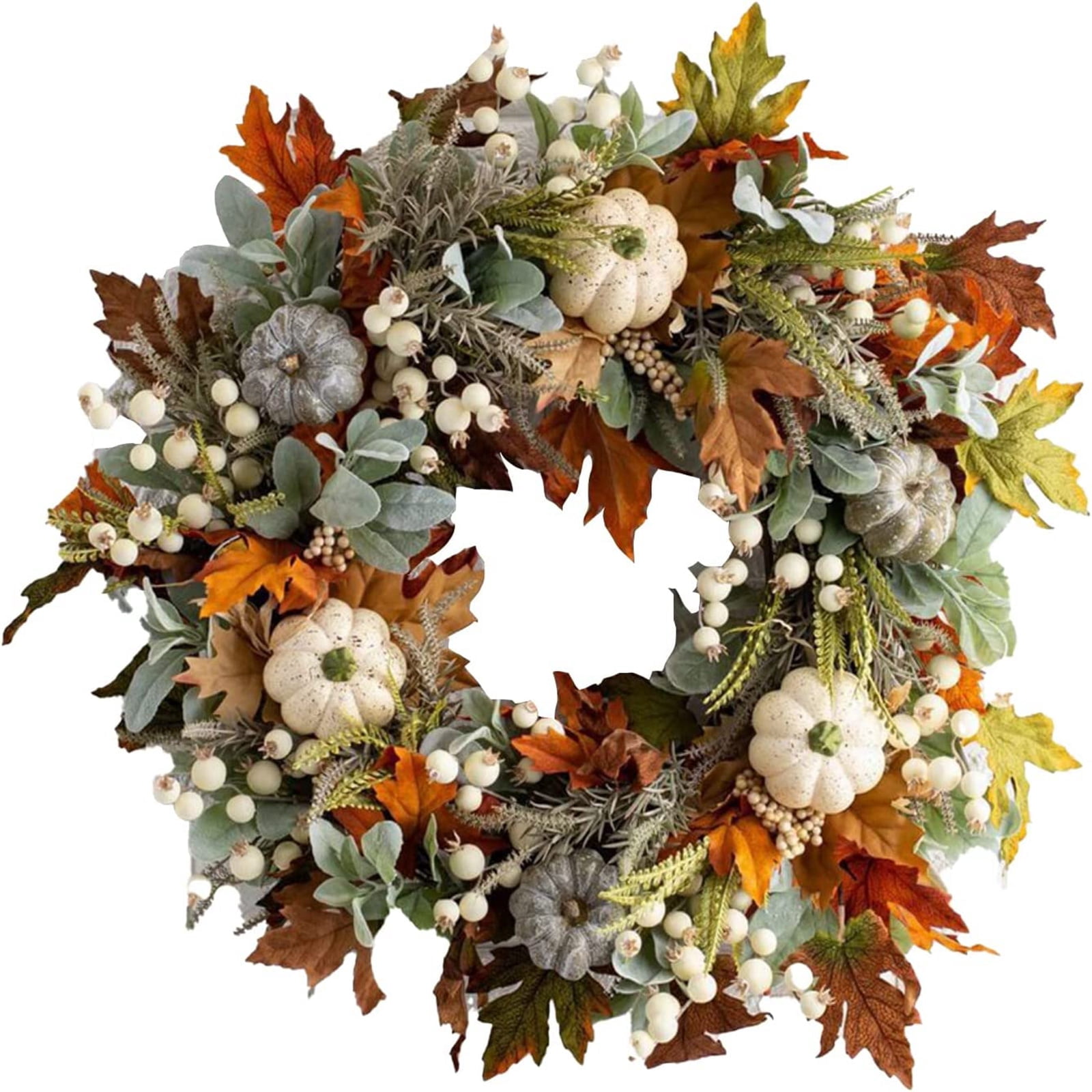 Fall Harvest Artificial Wreath with White Pumpkins, Maple Leaf, Berries ...