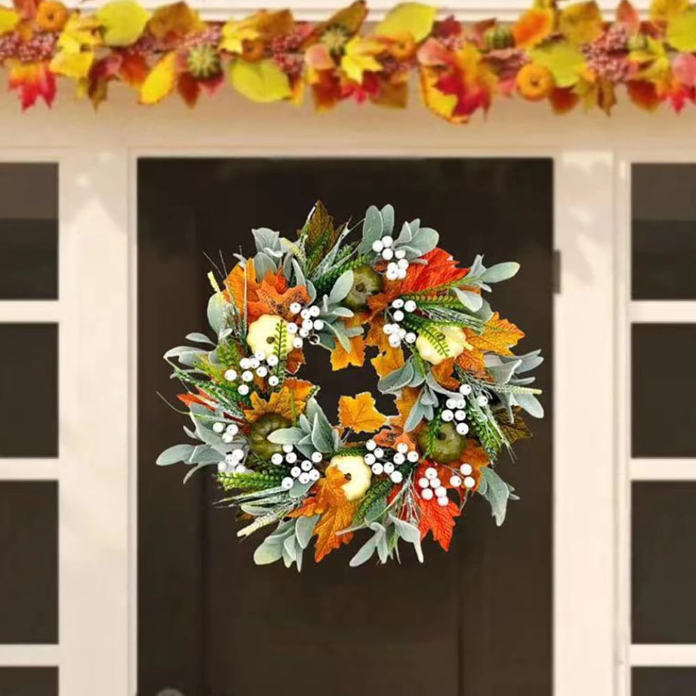 Fall Wreaths for Front Door, 17.7" Artificial White Pumpkins Wreath ...
