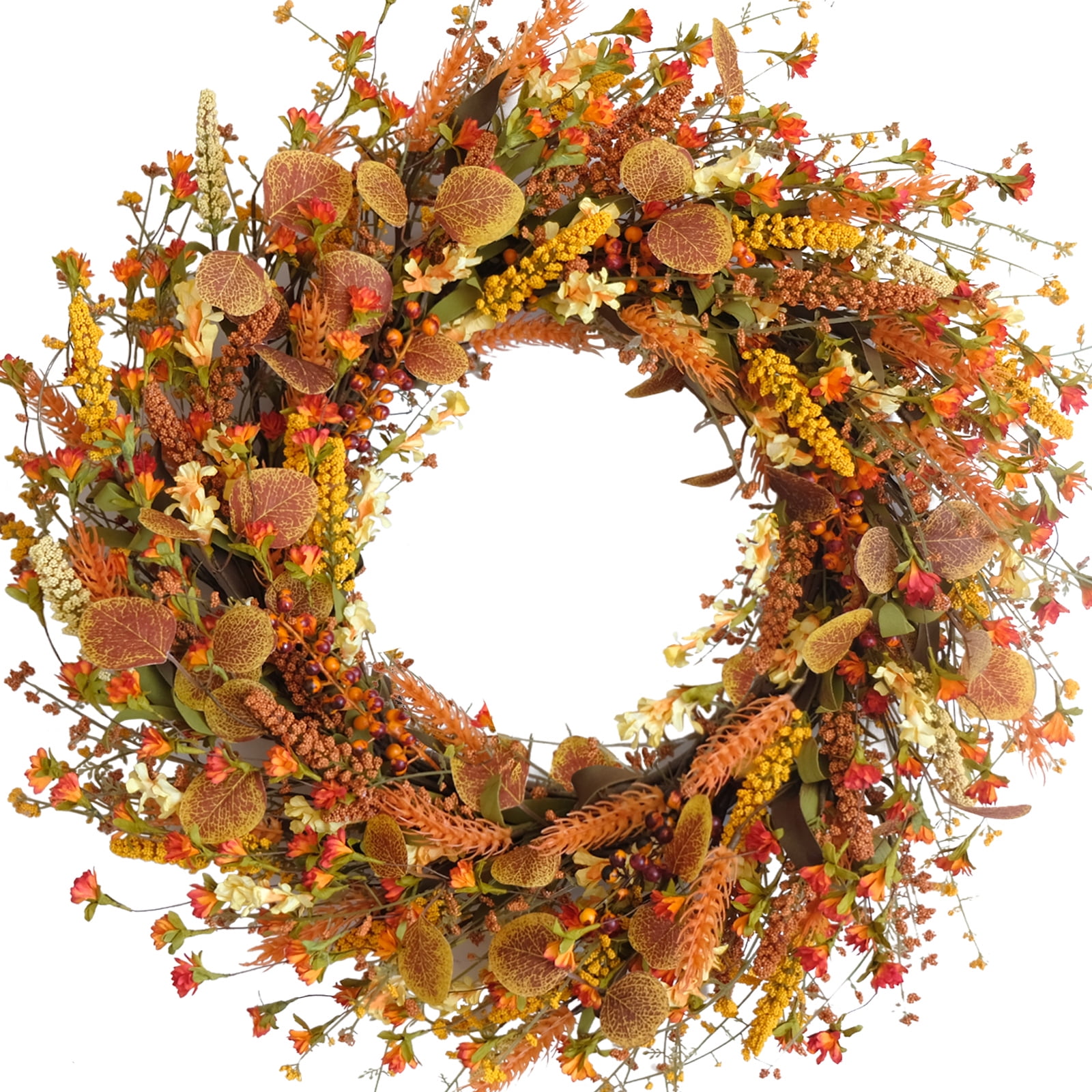 Fall Wreaths for Front Door, 22'' Artificial Eucalyptus Leaves, Yellow ...
