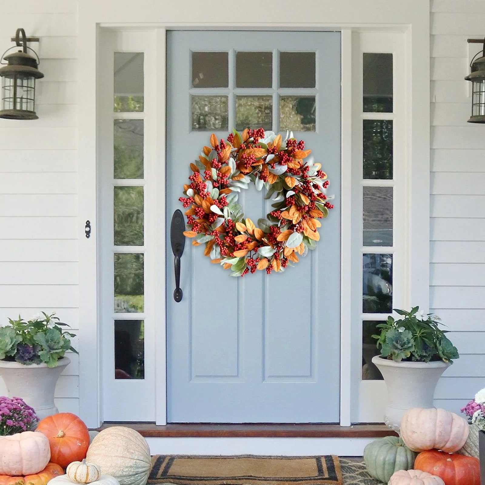 Fall Wreaths for Front Door Autumn Wreath Fall Orange Lamb Ear Leaves ...